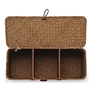 DOKOT Woven Basket with Lid, Seagrass Storage Baskets, Wicker Basket with Lid, Woven Rattan Storage Basket with Lid, Rectangular Seagrass Bin with Grid Home Organizer, Rattan Storage with Lid