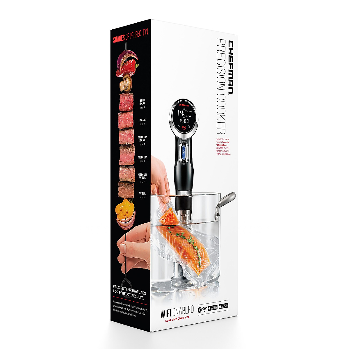 Chefman Sous Vide Immersion Circulator w/ Wi-Fi, Bluetooth & Digital Interface, Touchscreen Display, Sous-Vide Cooker Includes Connected App for Guided Cooking, Adjustable Clamp, 1100 Watts, Black