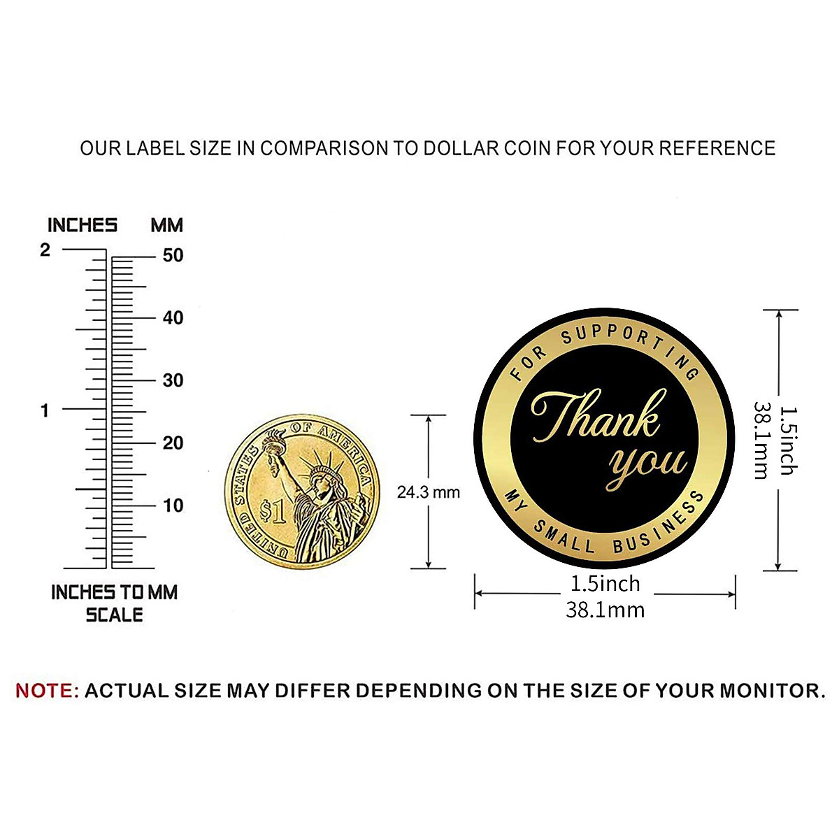 Mercei Thank You Stickers with Black Background and Wide Matte Gold-foil Ring; 4 Elegant Handwriting Font Designs; 500 pcs Classic Round Adhesive Labels per Roll; Wide for Personal and Business Use