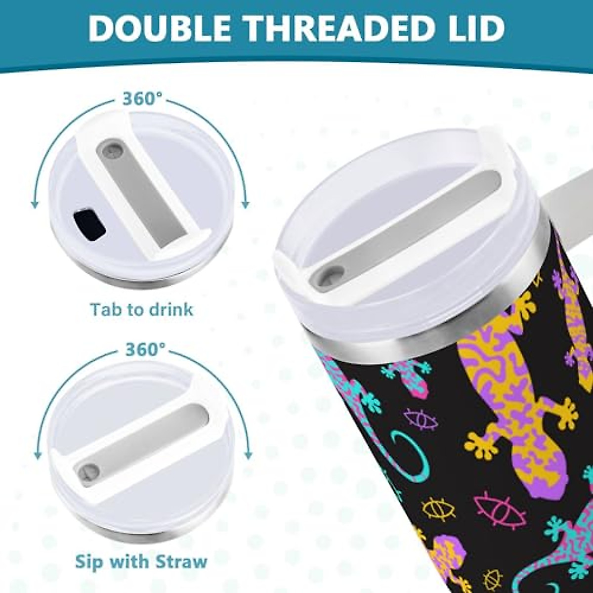 Hippie Gecko Leopard Blue Tumbler with Handle and Straw Lid, 40 oz Insulated Coffee Cup Stainless Steel Water Bottle Travel Mug Cupholder Friendly,Gifts for Women Men