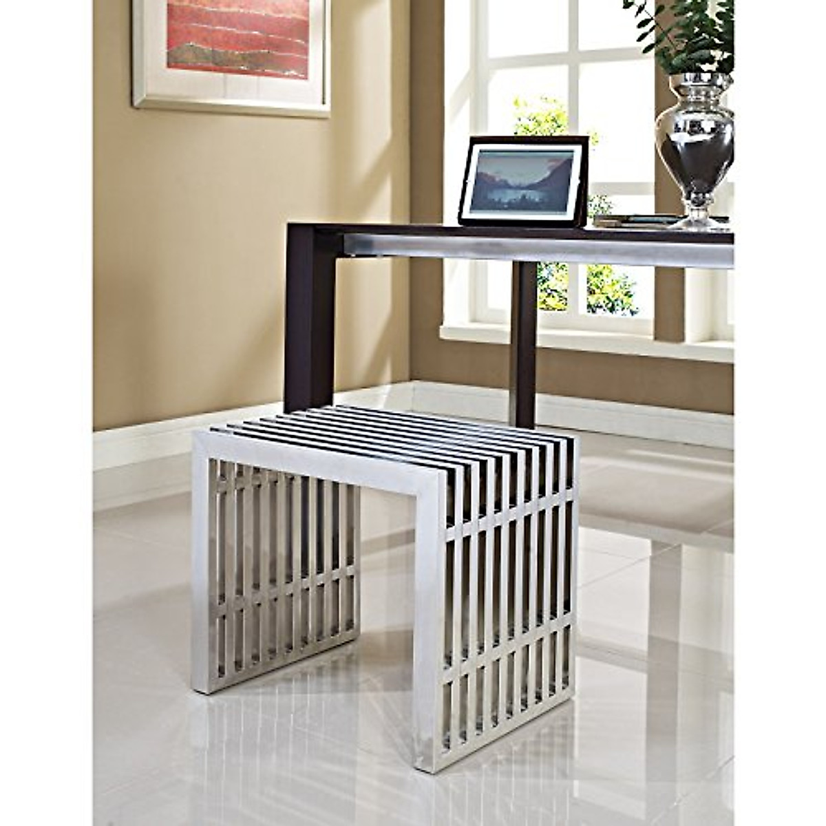 Modway Gridiron Contemporary Modern Small Stainless Steel Bench, 19.5"