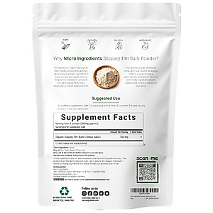 Micro Ingredients Sustainably US Grown, Organic Slippery Elm Bark Powder, 1 Pound (648 Servings), Helps Soothe The Throat and Coughing, No Irradiated, No Contaminated, No GMOs, Pet Friendly