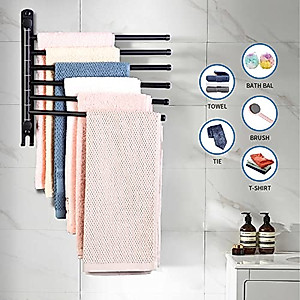Swivel Towel Rack, Towel Bar with Wall Mounted 180° Rotation, 6-Arms Towel Hanger for SUS 304 Stainless Steel, Space Saving for Kitchen/ Bathroom, Matte Black