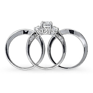 BERRICLE Sterling Silver 3-Stone Wedding Engagement Rings Round Cubic Zirconia CZ Ring Set for Women, Rhodium Plated Size 8