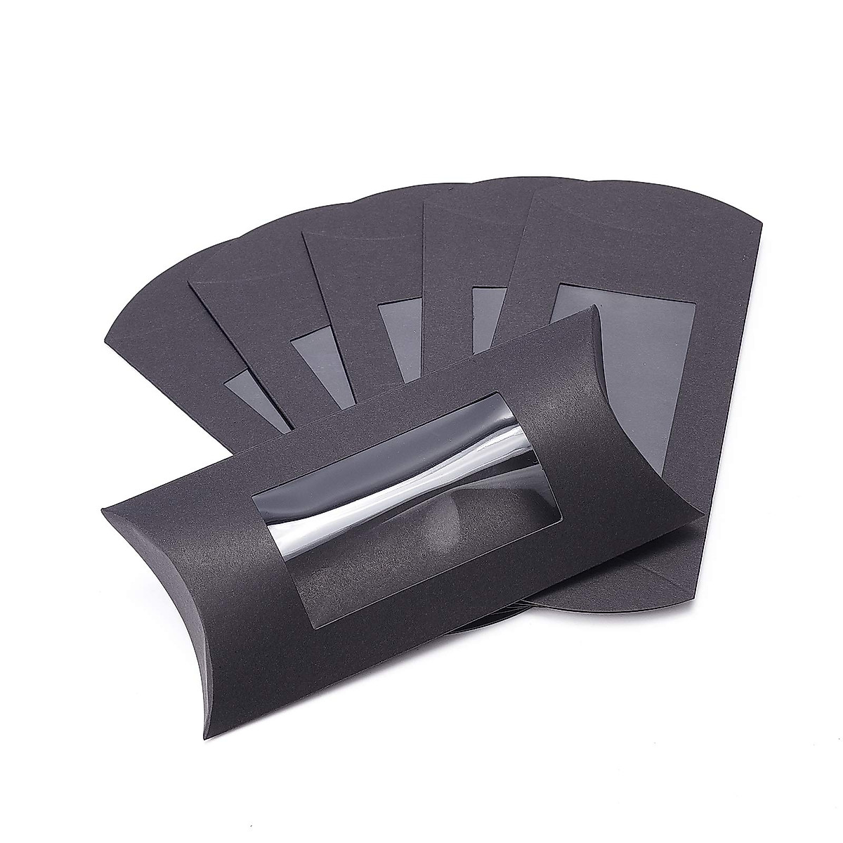 BENECREAT 30pcs 6x3x1 Inches Black Kraft Paper Pillow Boxes with Clear Window, Candy Packaging Box Treat Box for Birthday Wedding Party