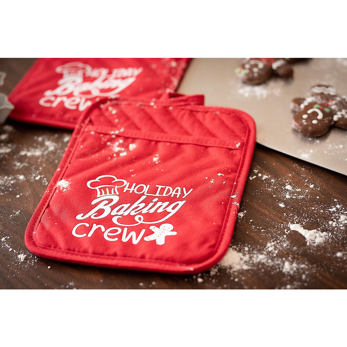 Christmas Gift for Mom Grandma, Potholder with Pocket, Holiday Baking Gift, Cookie Pot Holder Set, Red Oven Mitt, Pack of 2
