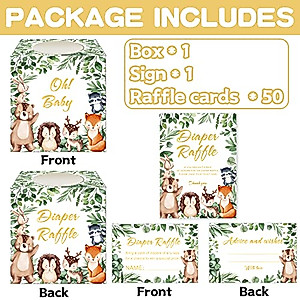 HPMNS 52 PCS Woodland Diaper Raffle Tickets with Box for Baby Shower, Baby Shower Games Invitations Decorations for Boy or Girl with Diaper Raffle Cards Sign for Baby Shower Gender Reveal Party