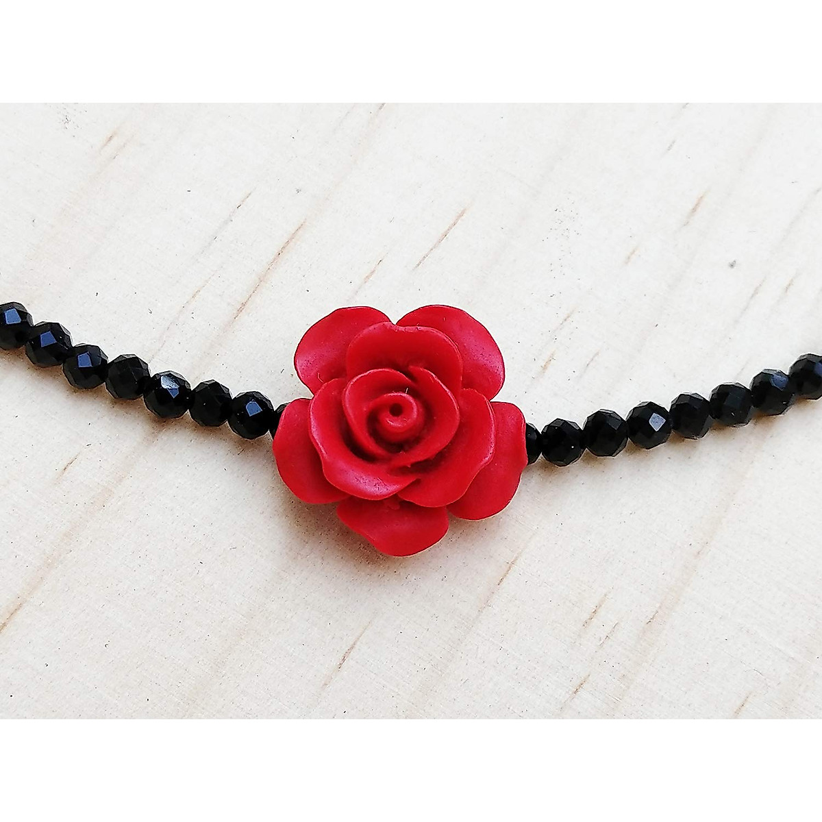 CF100 Black Choker With Red Rose, 925 Sterling Silver Black Spinel Beads Flower Red Rose Choker 13+2” (Red Rose
