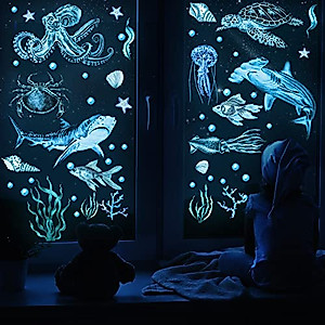 4 Pieces Glow in The Dark Ocean Wall Decals Under The Sea Wall Decals Fish Wall Decals PVC Sea Animals Wall Stickers for Kids Room Living Room Nursery Bathroom Decoration