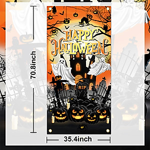 Avezano Halloween Door Decorations Happy Halloween Door Cover Haunted House Scary Cemetery Halloween Door Banner Sign Halloween Decorations Indoor Outdoor (Orange)