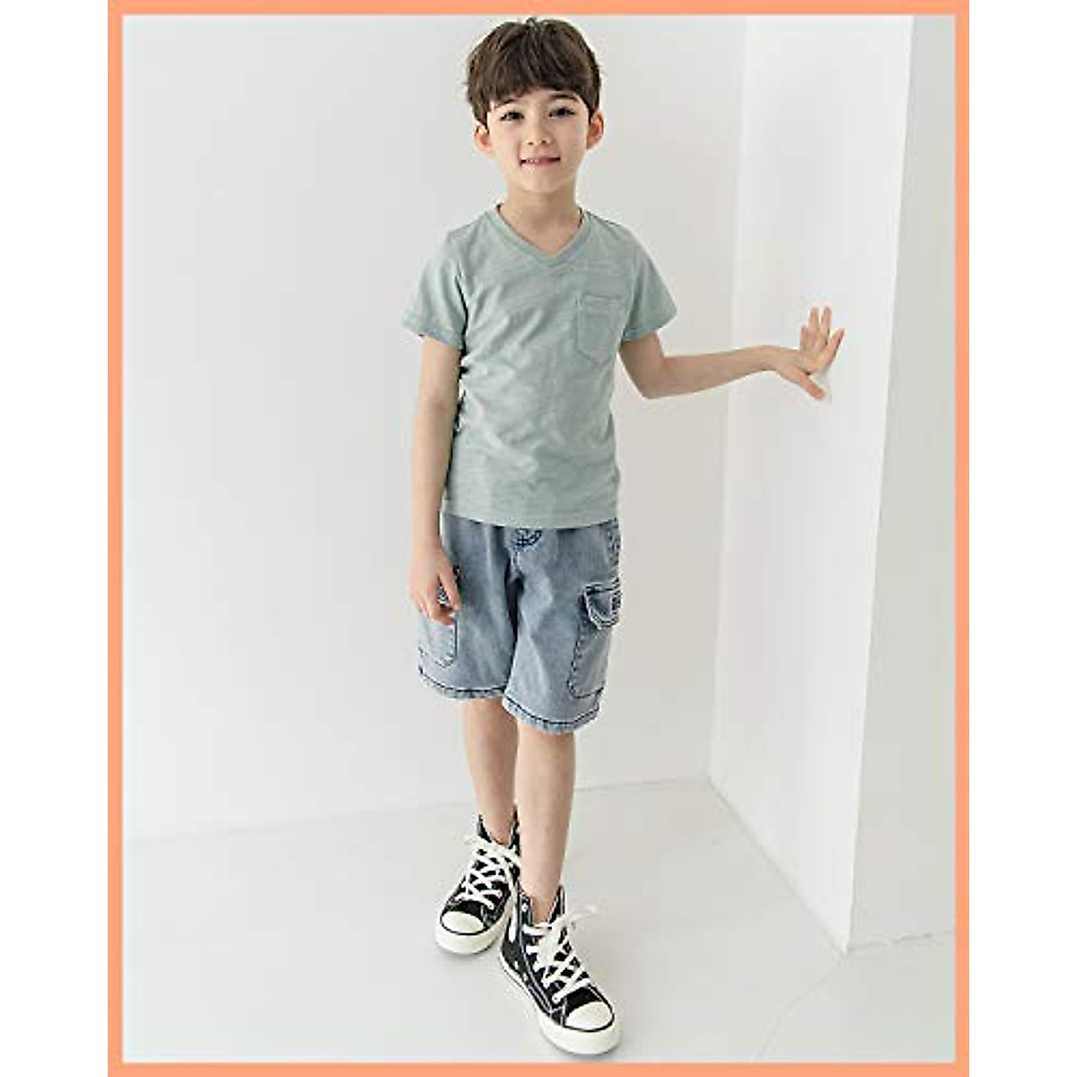 CUNYI Little Boys' Solid Short Sleeve Pocket V-Neck T-Shirt Summer Tops, Light Green, 140