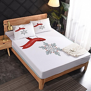 Snowflake Sheets Full Size Sheet Sets - Merry Christmas Bed Sheets, Soft Microfiber & Deep Pocket & Wrinkle Free Patterned Bedding Sheets & Pillowcases, 1 Fitted Sheet, 1 Flat Sheet, 2 Pillow Cases