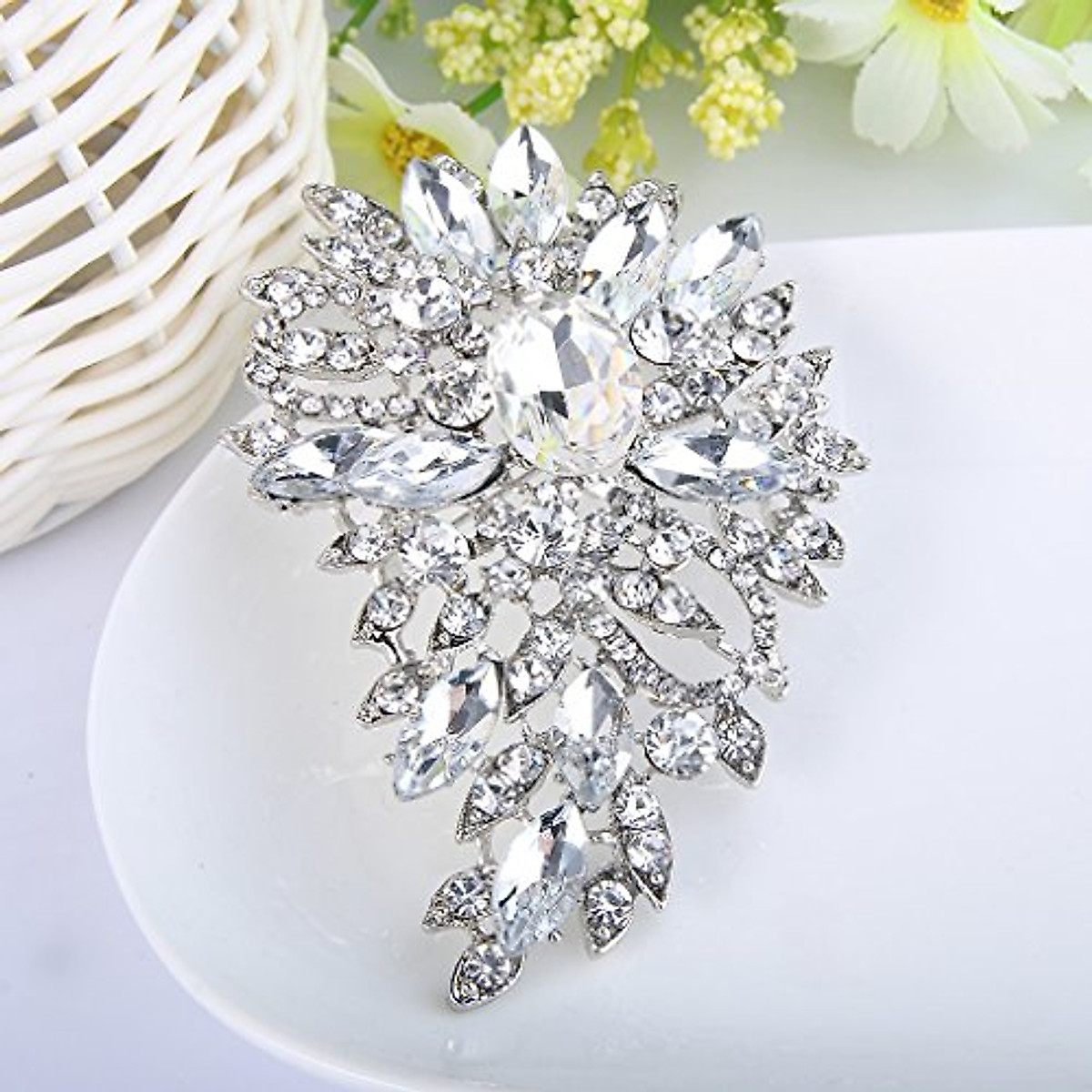 EVER FAITH Women's Austrian Crystal Wedding Flower Leaf Bouquet Brooch Clear Silver-Tone