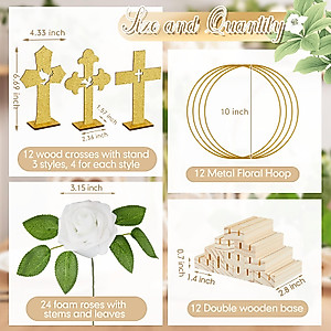 Wesiti 48 Pcs Baptism Centerpiece Decoration for Table 12 Wood Cross 12 Metal Floral Hoop Centerpiece with Stand 24 Foam Rose with Stem for Baptism Baby Shower Wedding(Gold and White,Stylish)