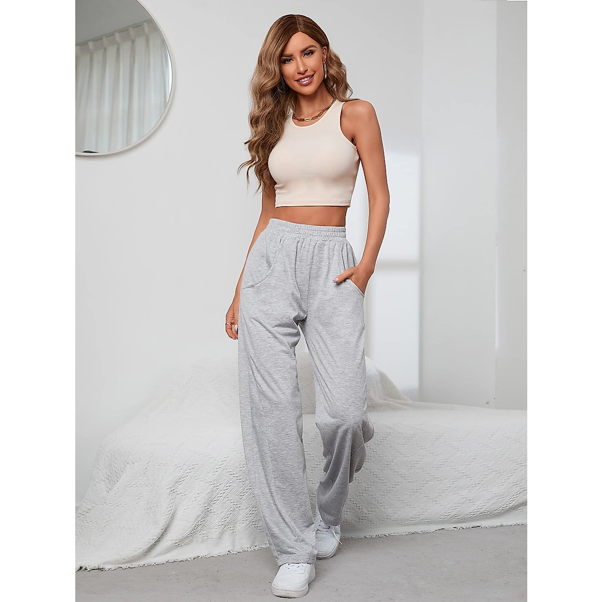 MakeMeChic Women's Casual Baggy Elastic High Waist Sweatpants Slant Pocket Workout Yoga Sport Pants Grey L