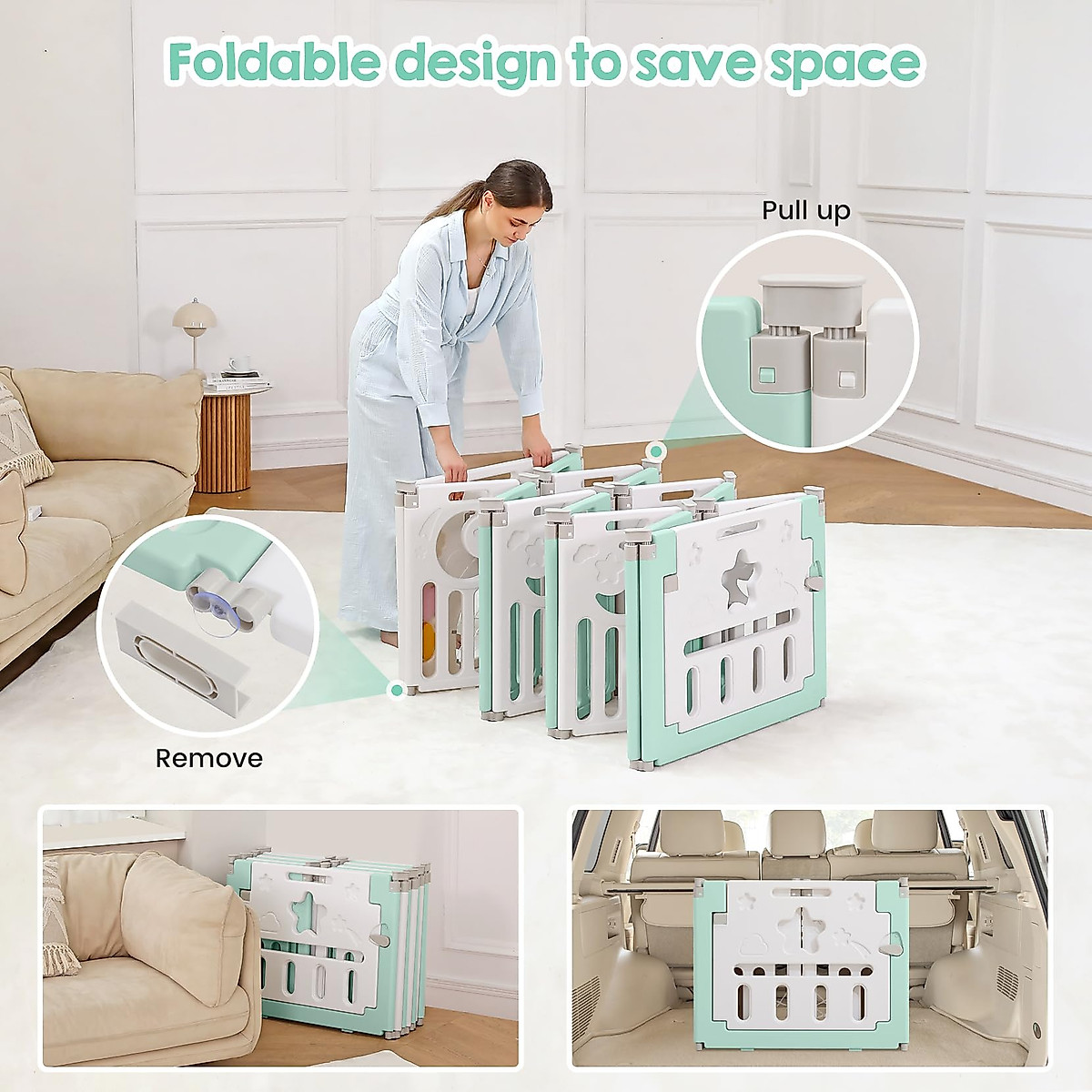 Baby Playpen, Dripex Foldable Playpen for Babies and Toddlers, Custom Shape Baby Fence, Safety Play Yard with Gate, Portable Play Area for Indoor or Outdoor, Light Green White, 14 Panel