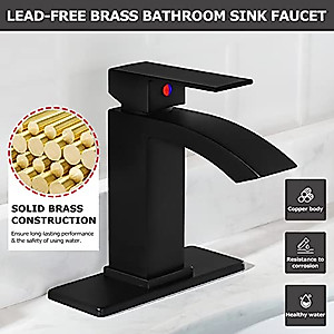 EZANDA Brass Waterfall Bathroom Faucet with Extra Large Rectangular Spout, Deck Plate, Pop-up Drain Assembly & Water Supply Hoses Included, Matte Black, 14254