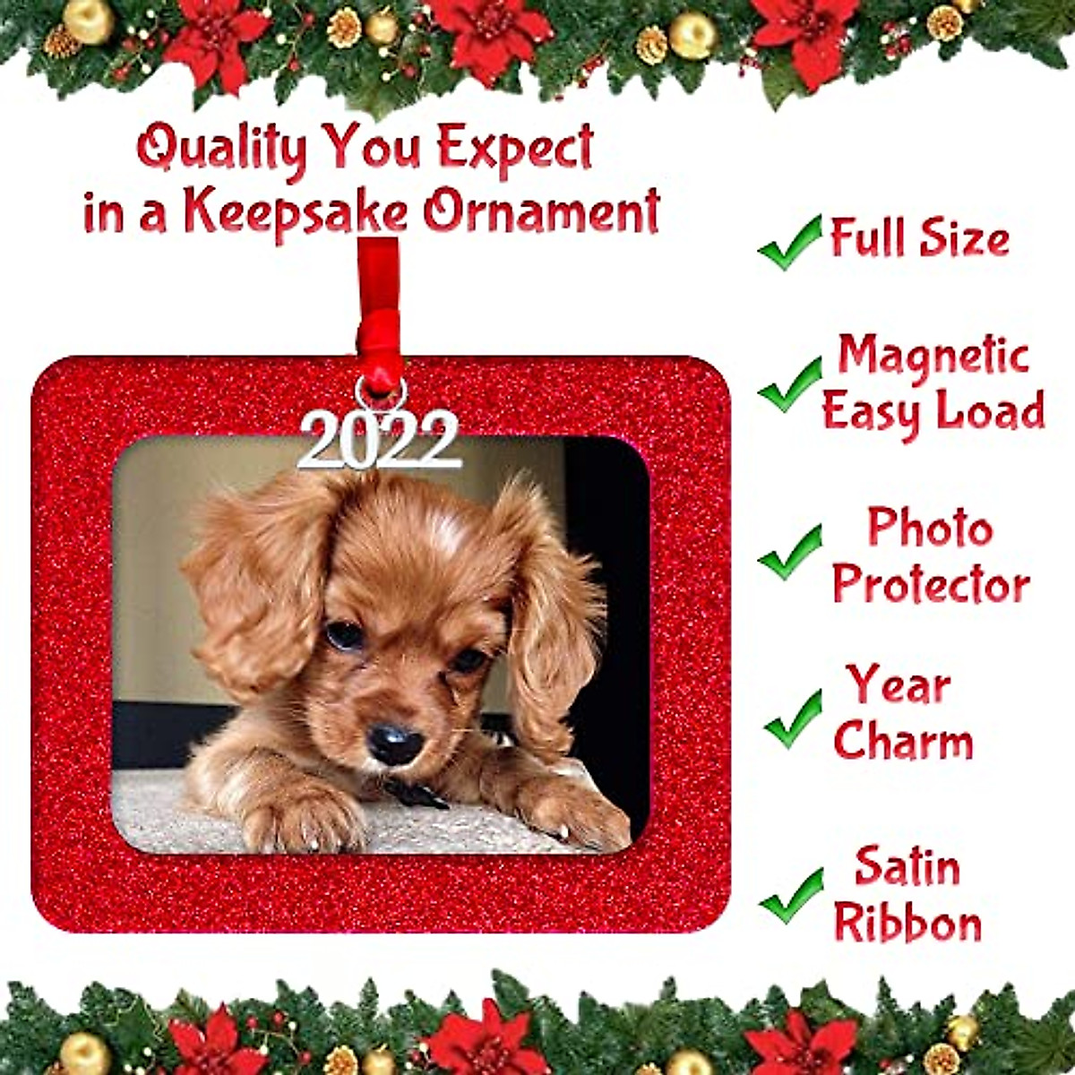 2022 Christmas Photo Frame Ornament, Magnetic Glitter with Non-Glare Photo Protector, Horizontal - Red, 3-Pack