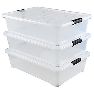 Gloreen 3 Pack Large Under Bed Storage Boxes with Wheels, 50 Quart Clear Plastic Lidded Storage Bins