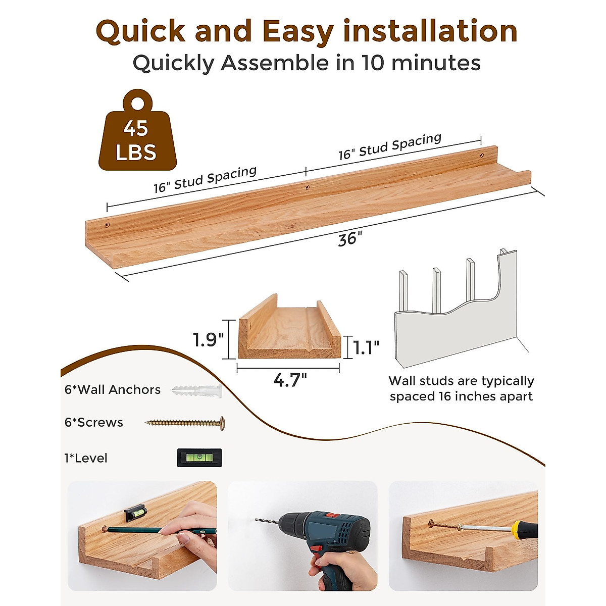 Axeman Oak Floating Shelves 36 Inch Picture Ledge Shelf Set of 2, Solid Wood Shelves with Lip for Wall Decor Storage Bedroom Living Room Bathroom Kitchen, Natural Oak