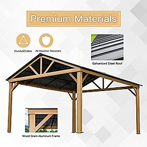12' x 14' Hardtop Gazebo Outdoor Aluminum Gazebo with Galvanized Steel Gable Canopy for Patio Decks Backyard by domi outdoor living (Wood Looking)