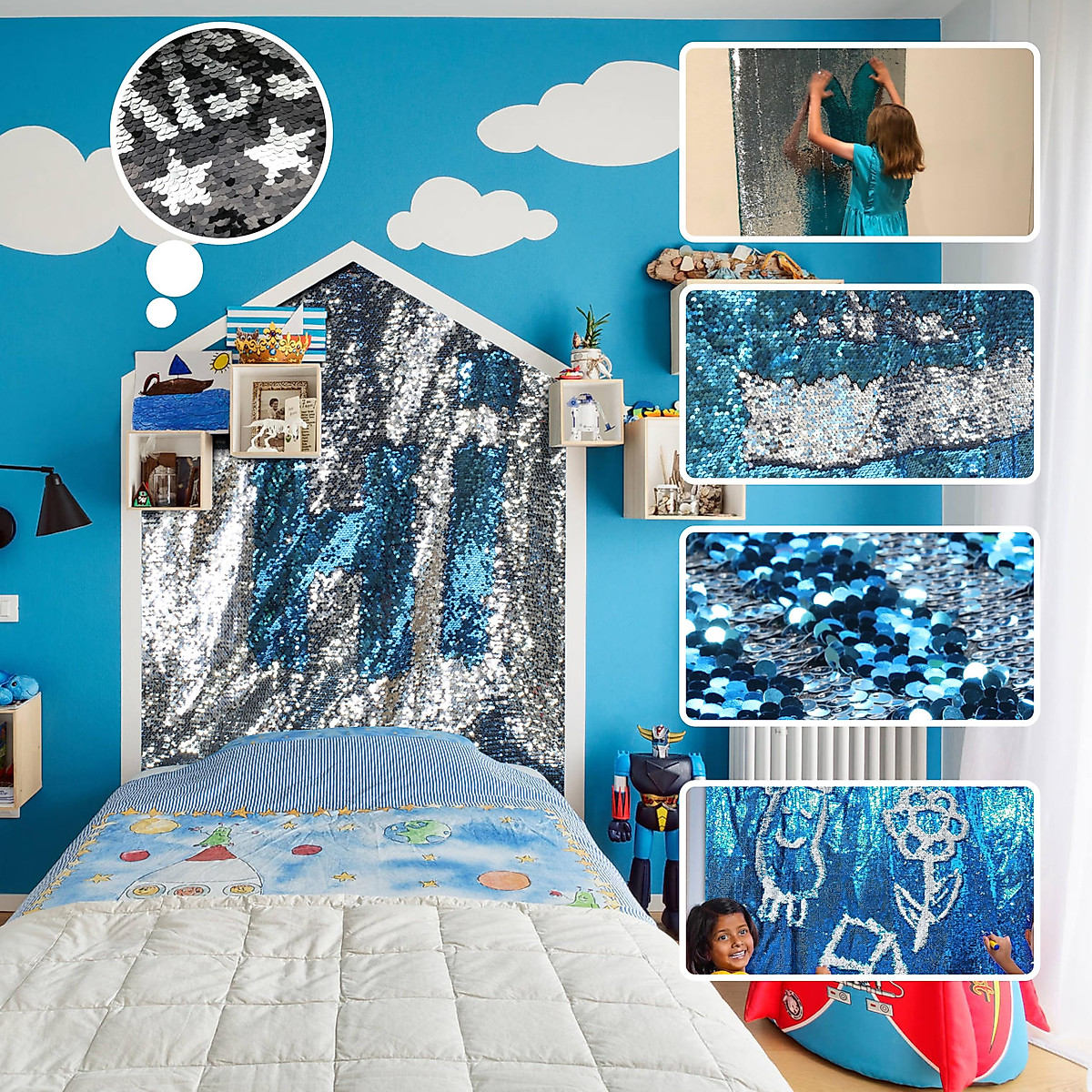 Manyshofu Mermaid Sequin Fabric Shimmer Reversible Sequin Fabric, Wall Flip Sequin Fabric Mesh Glitter Fabric for Sewing DIY Graffiti Wedding Half of Yard - Two Tone Emerald Green & Gold