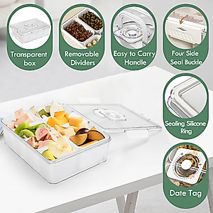 EsOfficce Divided Serving Tray with Lid, Handle Snackle Box with Date, 4 Compartments Charcuterie Container for Veggies, Snack, Fruit, Nuts, Candy, Cracker, Chip,for Party, Entertaining, Picnic