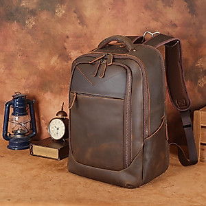 Masa Kawa Vintage Leather 15.6" Laptop Backpack for Men Large College School Bag Bookbag Business Work Travel Rucksack Casual Hiking Camping Daypack, Light Brown