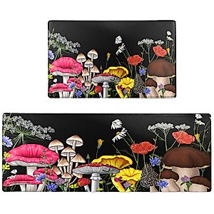 FNLNDO Mushroom Kitchen Rugs and Mats Green Mushroom Kitchen Decor Anti Fatigue Kitchen Floor Mat Set of 2 Non-Skid Washable Kitchen Runner Rug for Kitchen Sink Laundry