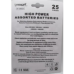 Loopacell High Power Button Cell 3V Lithium Assorted Battery CR2032 CR2025 CR2450 CR1620 CR1632, 25 Piece Set