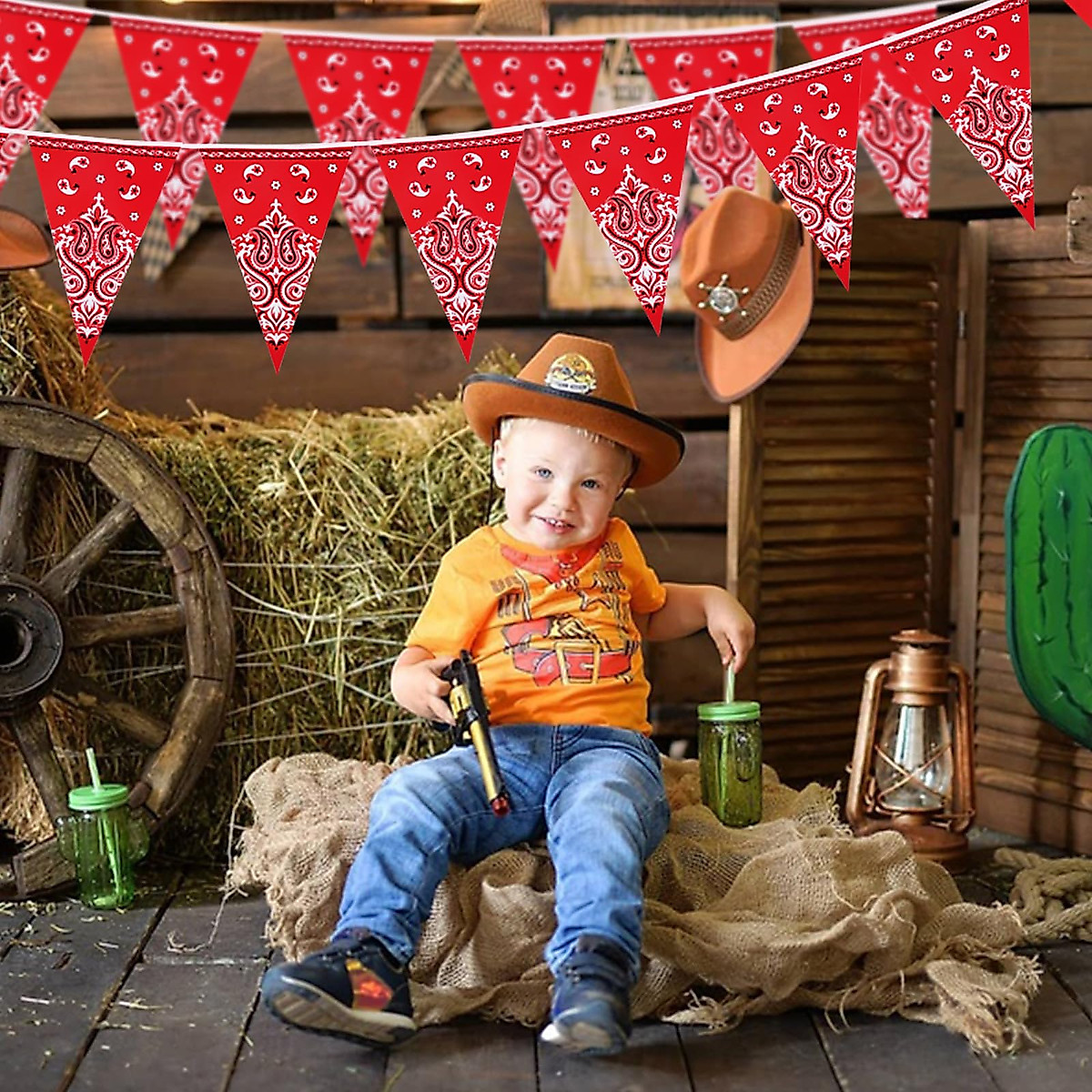 Waenerec Western Themed Party Decorations 6 Pack Red Bandana Pennant Banner Country Farm Cow Print Banner Flags Cowboy Baby Shower Decorations for Boy Rodeo Wild West Party Supplies