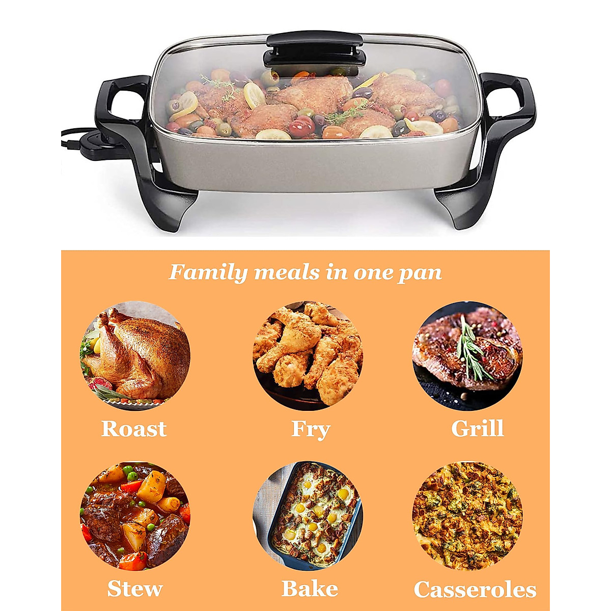 16" Grey Ceramic Electric Skillet - Roast fry grill stew bake make casseroles and more