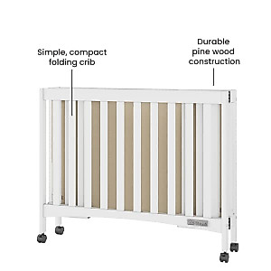 Child Craft London Mini Compact Folding Portable Crib with 2” Crib Mattress and 2 Easy Roll Locking Wheels, Durable Pine Wood Construction (Matte White)