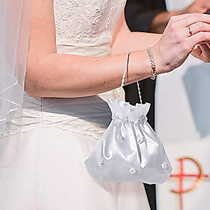 LUOEM Satin Bridal Wedding Money Bag White Bridal Bridesmaid Satin Flower Decorated Bag Handbag with Pearl for Dollar Dance Bridal Purse Wedding Favor