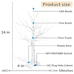 COSYWARM 2FT 24 LED Birch Tree Light, USB and Battery Powered Tabletop Tree Light, Warm White Birch Tree with Light for Home Christmas Wedding Party Decorations.