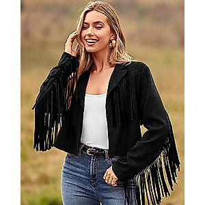 BTFBM Women Fashion Cropped Tassel Fringe Faux Suede Leather Jacket Fall Winter Long Sleeve Lapel Neck Moto Coat Outwear(Solid Black, XX-Large)