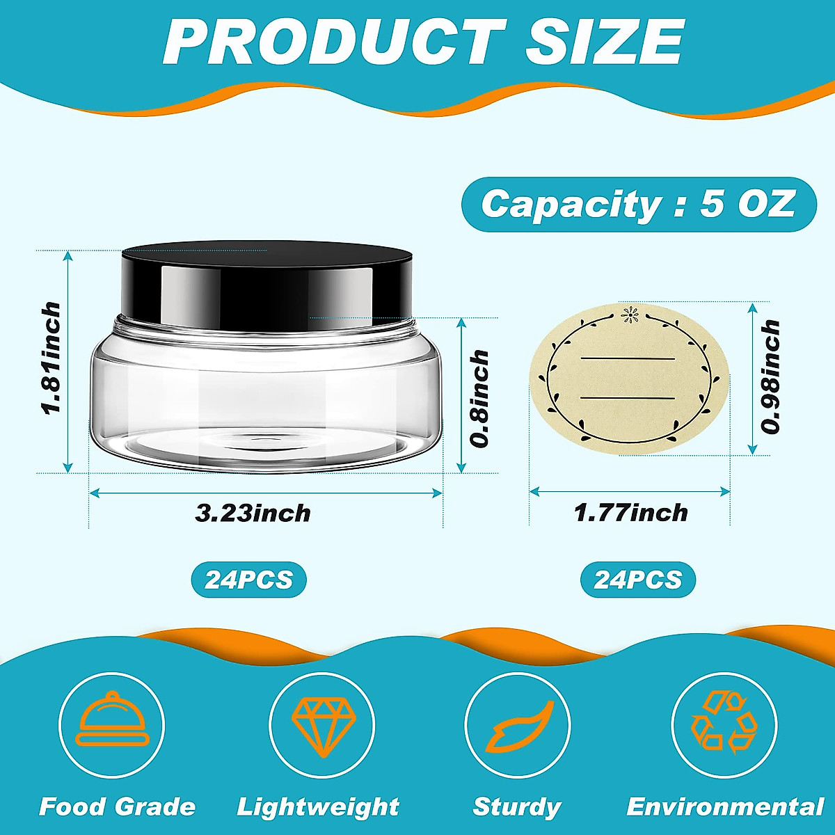 Tessco 24 Pack Plastic Jars with Lids Labels Empty Clear Plastic Jars Round Refillable Cosmetic Containers Body Butter Containers Bulk Sugar Scrub Bottle for Make Up(5 oz,Clear)