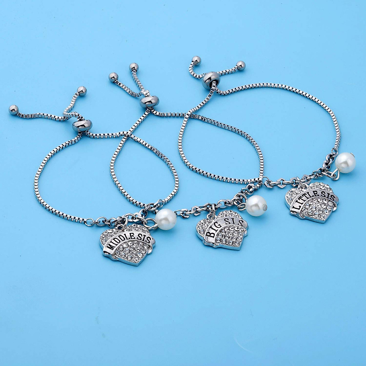 WSNANG Sister Jewelry Big Sis Middle Sis Little Sis Heart Pendant Bracelet/Lariat Y Necklace Set for Sister Best Friend (Slider Bracelet 3)