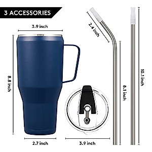 GOBATT 40 oz Tumbler with Handle and Straw Lid，Reusable Stainless Steel Double Vacuum Insulated Travel Mug Iced Coffee cup ，Keep Cold for 24 Hours, navy