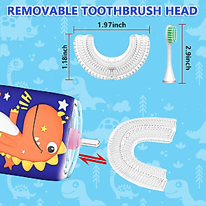 Kids Electric Toothbrush U Shape Dinosaur Ultrasonic Automatic Toothbrush with Replacement Soft Bristles Heads Six Modes 360°Oral Cleaning IPX7 Waterproof Smart Rechargeable Toothbrush (3. Orange)