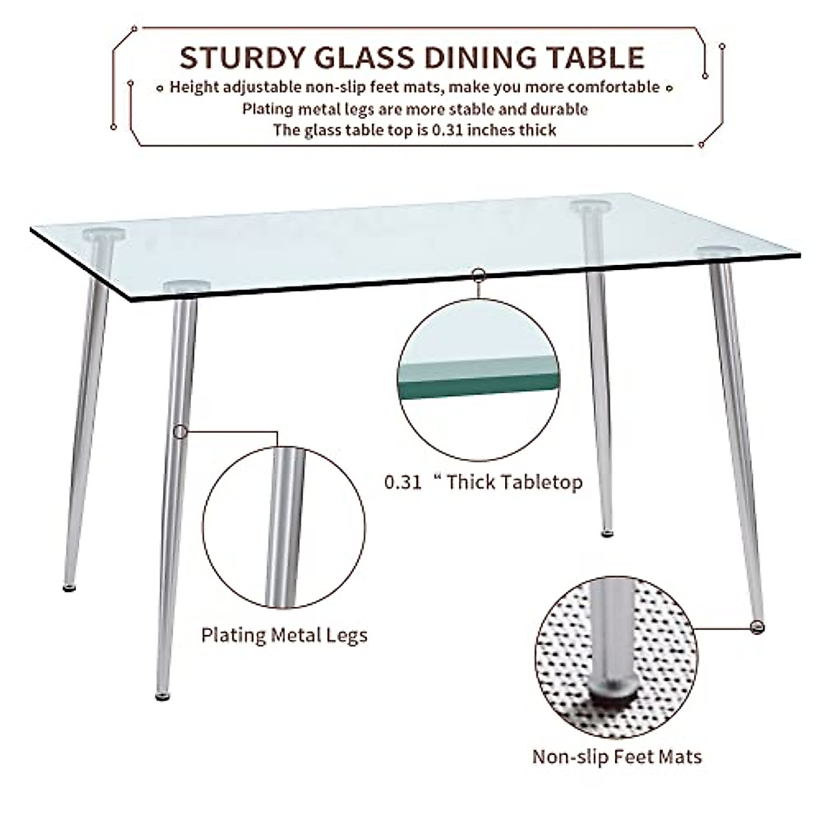 51 inch Glass Dining Table Set for 4, Dining Table & Chair Sets with Silver Plating Legs for Kitchen, Modern Rectangle Tempered Glass Table Top and Transparent Plastic Dining Chair for Dining Room
