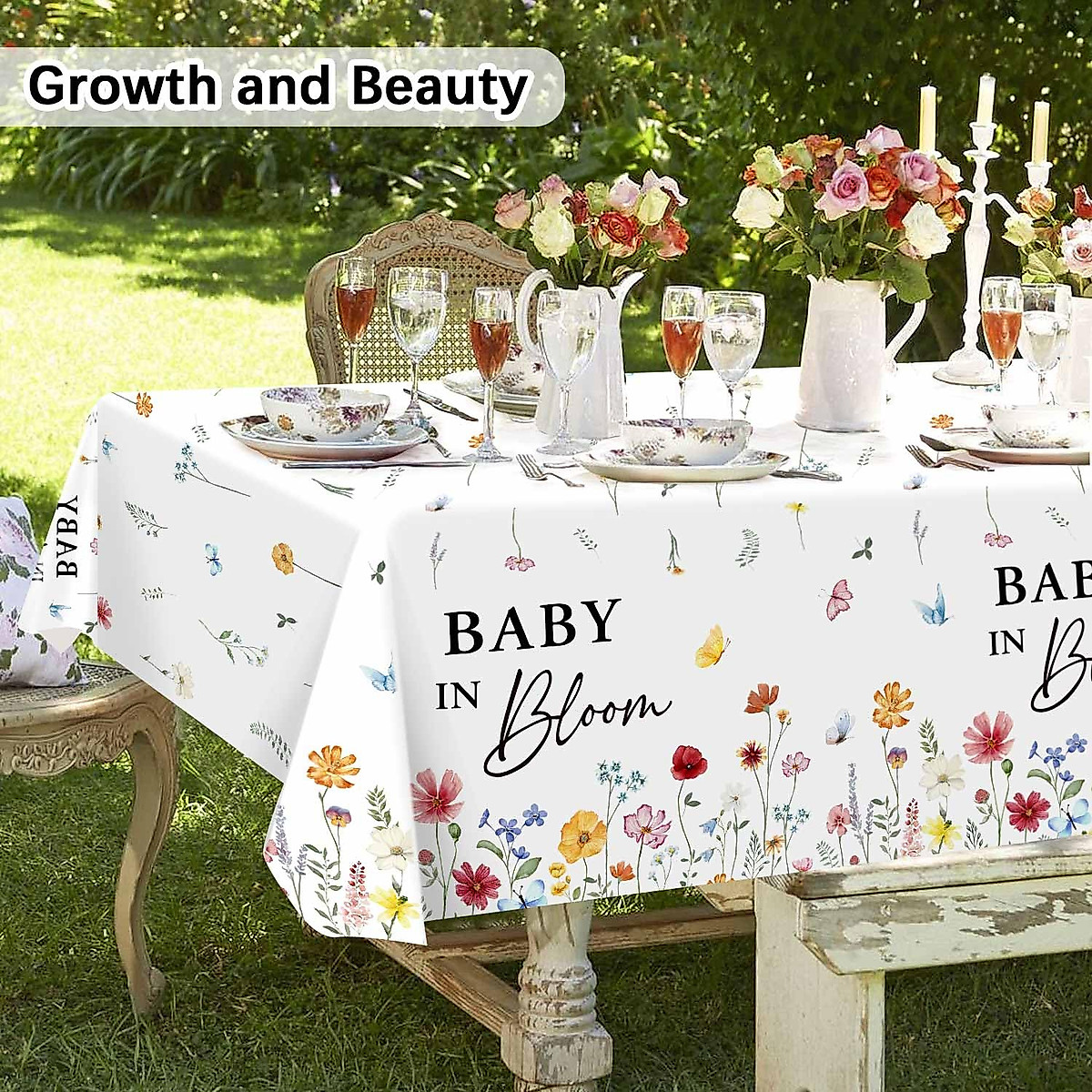 Heboland 3 Pack Baby in Bloom Baby Shower Tablecloth Decorations, Wildflower Floral Large Size 54 x 108 Inch Rectangular Plastic Tablecloth Party Decor