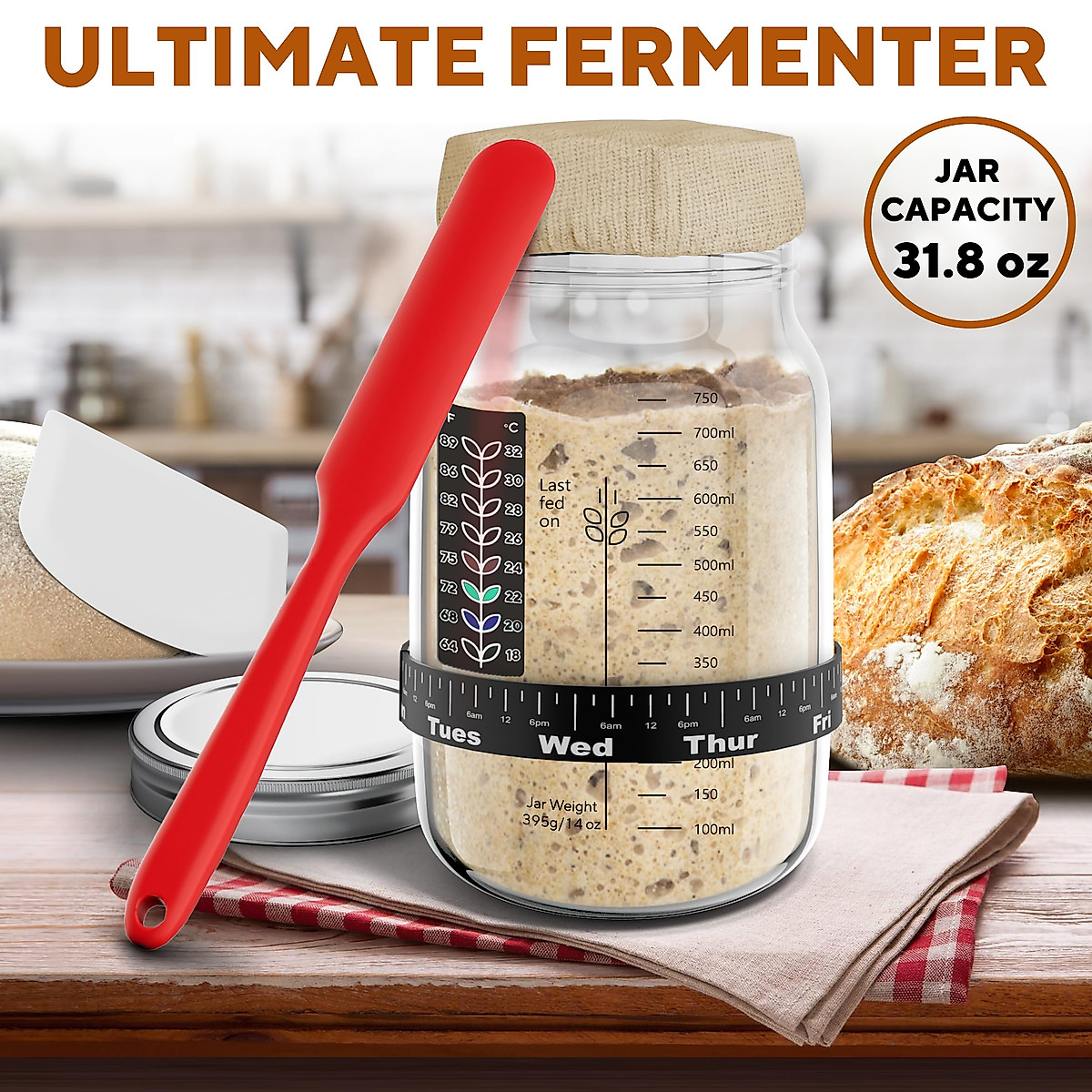 Ultimate Sourdough Starter Jar Kit 31.8 oz - Reusable Jar for Easy Bread Baking - Perfect to Make Your Sour Dough Starter - Easy to Use & Clean - Complete Sourdough Starter Kit - Great Christmas Gift