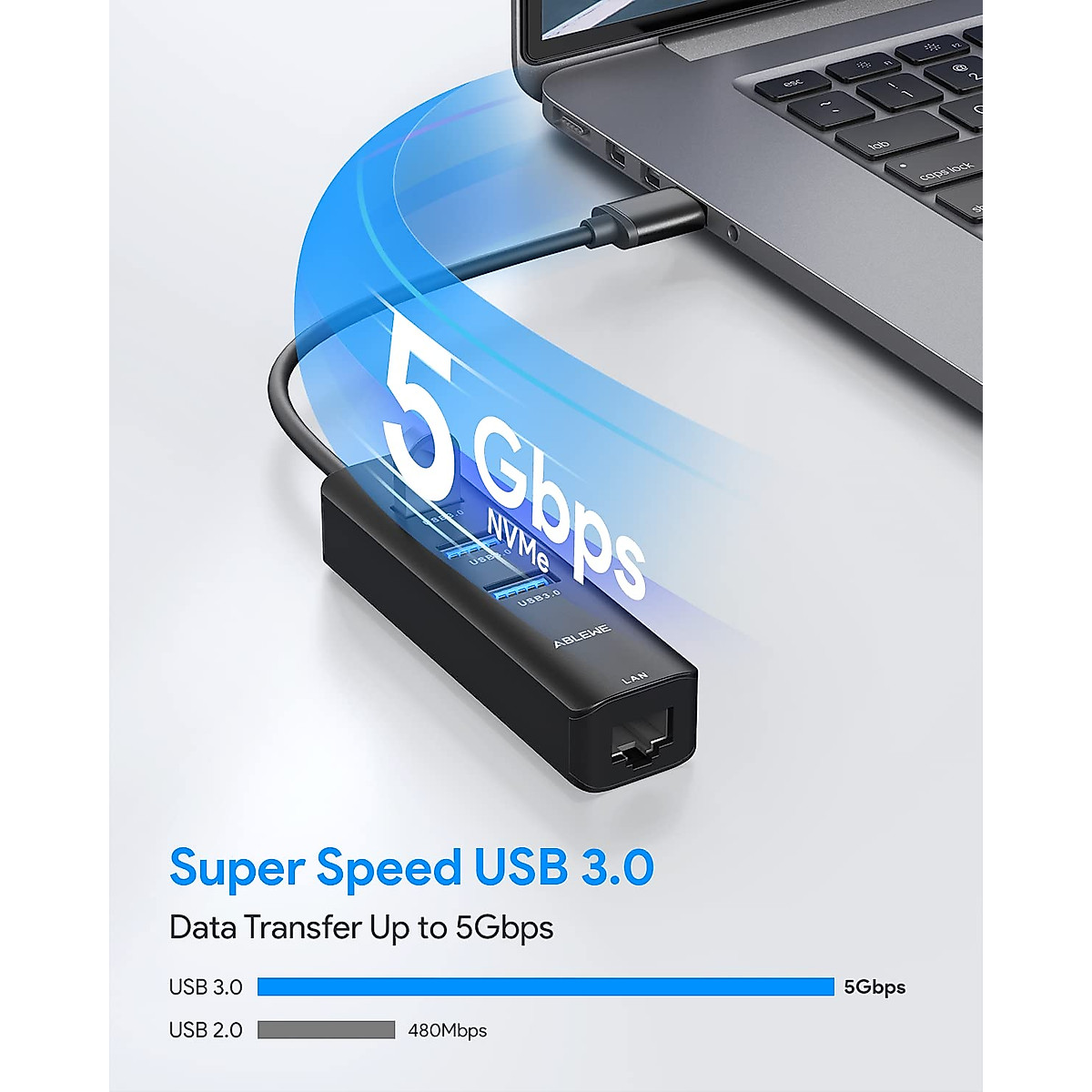 USB to Ethernet Adapter, ABLEWE 3 Ports USB 3.0 Hub with RJ45 1Gbps Gigabit Ethernet Adapter, for MacBook Air 2017, iMac, XPS, Surface Pro, Linux, Chromebook, Notebook and More - Black