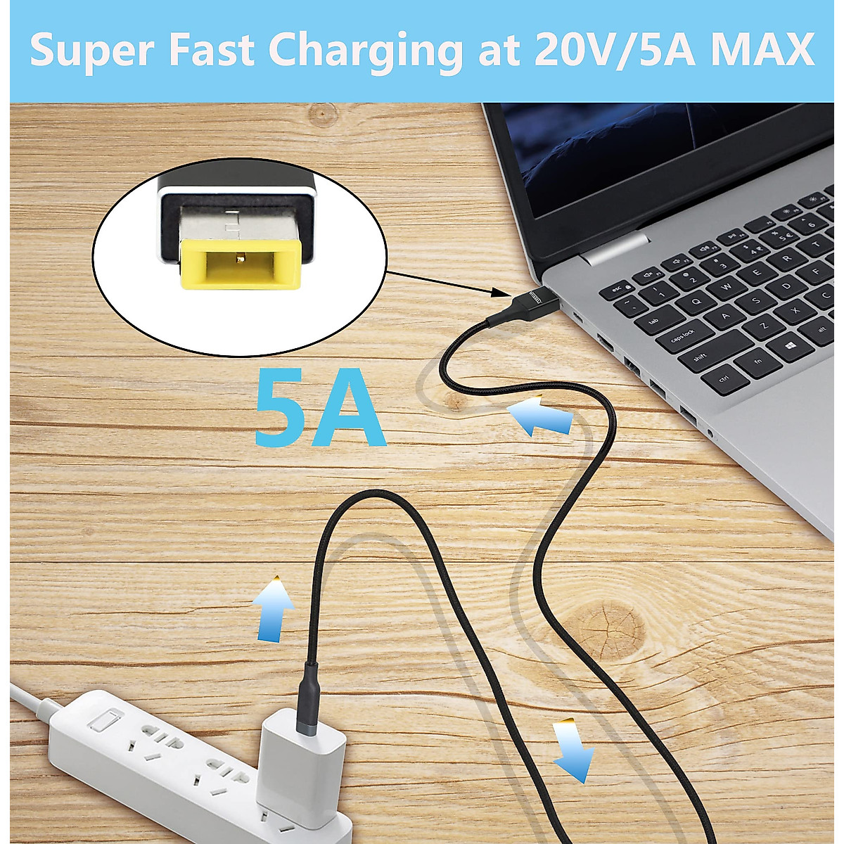 CERRXIAN 6.5ft 100W PD USB Type C Male Input to Slim tip Male Power Charging Cable for ThinkPad X1 Carbon T470s T470 T460 T460s T450 T450s(Square-100W)