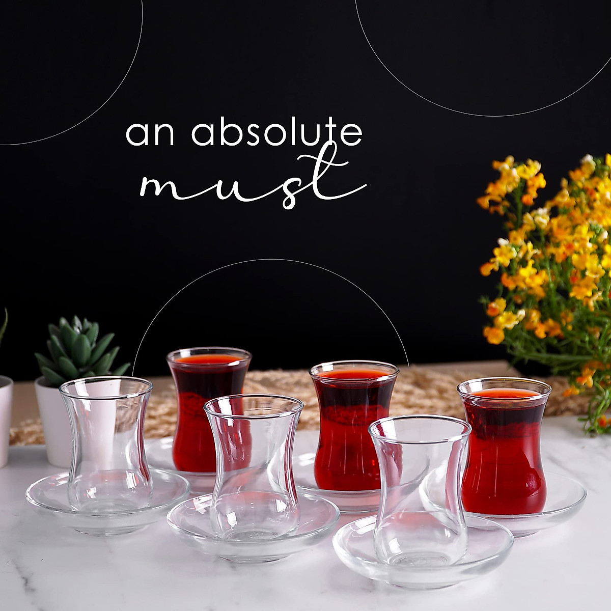 BullyBae Turkish Tea Glasses and Saucers Set (12 Pieces), Arabic Persian Tea Cups (4oz/120ml)