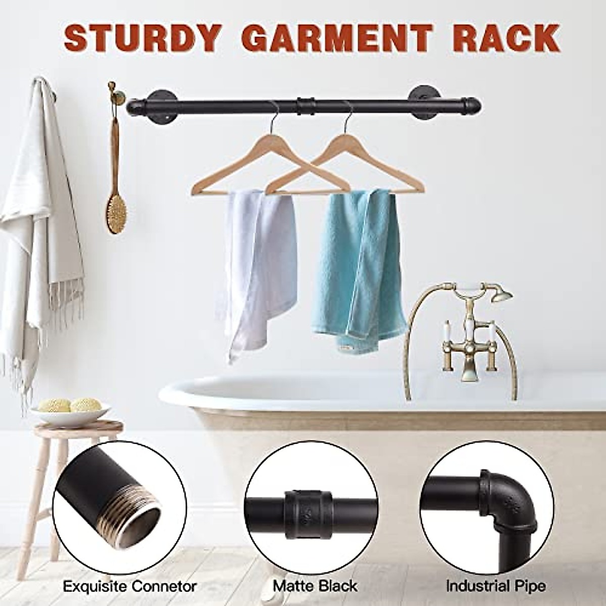 Varsoul Wall Mounted Clothes Rack - 48" Clothing Garment Rack, Space-Saving Heavy Duty Detachable Iron Clothes Hanger Pole, Multi-Purpose Hanging Rod for Closet Storage