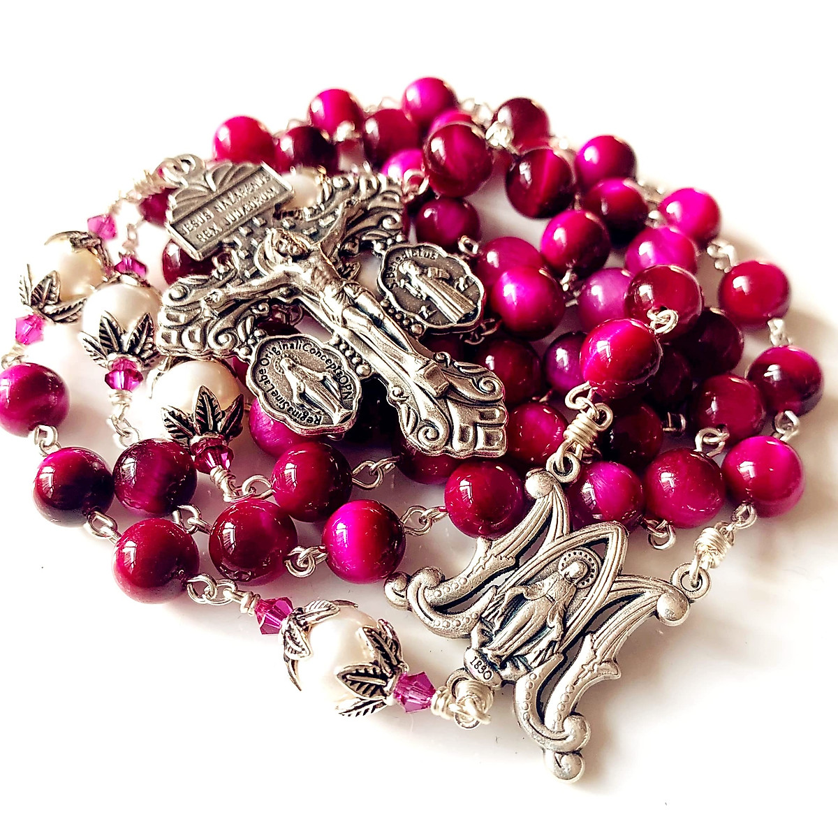 elegantmedical Handmade Red Tiger Eye Beads Sterling Silver 10mm Real Pearl Rosary Cross Necklace Catholic Gift