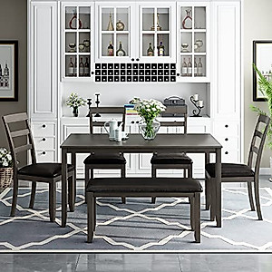 MOEO 6 Piece Kitchen Table Set, Wood Dining Faux Marble Top Diningtable with 4 PU Cushion Chairs & Bench for Breakfast Nook, Bar, Living Room, Gray, Brown
