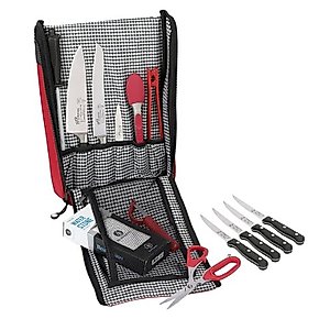 Messermeister 6-Pocket Heavy Duty Messenger Knife Bag, Mesh Interior, Red
